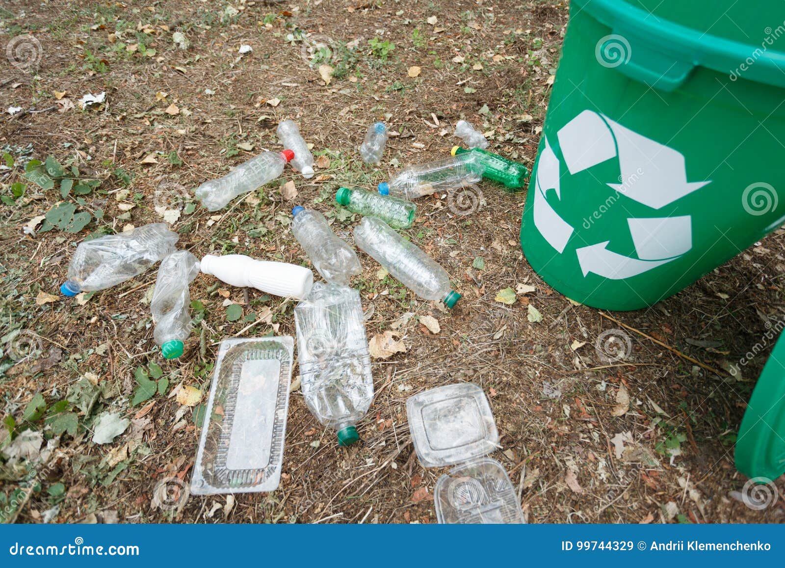 A Lot of Different Plastic Rubbish on the Land, Bright Recycle Bin with ...