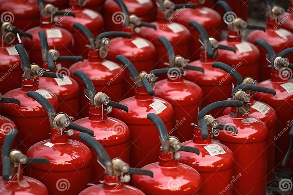 A Lot of Fire Extinguishers. Protection and Security Concept Bac Stock ...