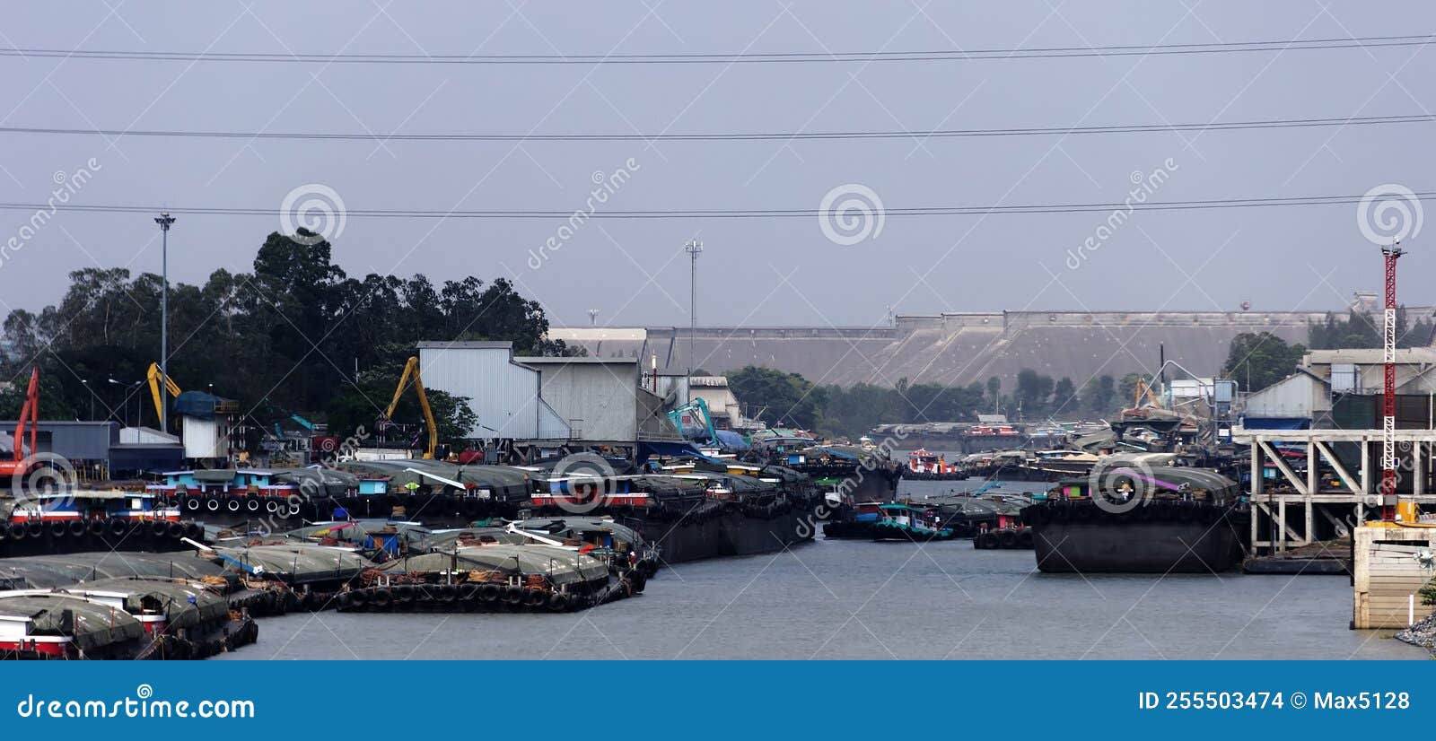 A Lot of Grain Barges Dock and Leave Stock Photo - Image of hopper ...