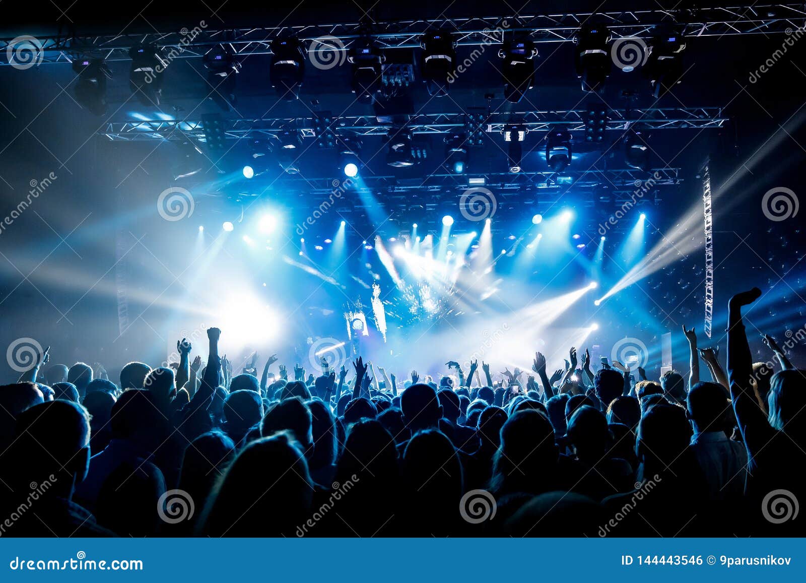 A Lot of Hands, Crowd on Concert, Blue Light Stock Photo - Image of ...