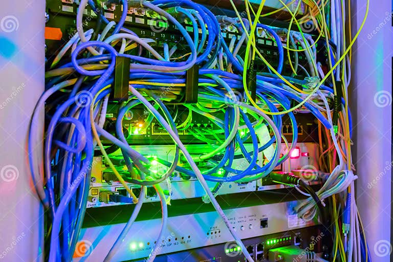 A Lot of Network Wires, Patch Panel, Messy Wires in the Server Rack ...