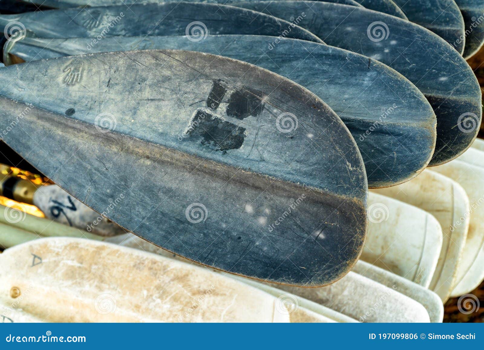 A Lot of Old and Worn Kayak Paddles Stock Photo - Image of modern ...