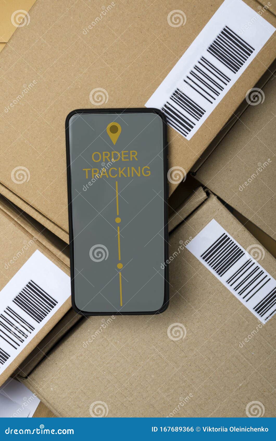 Vertical Shot. Mobile Scree and Order Tracking Form on it.Top View of ...