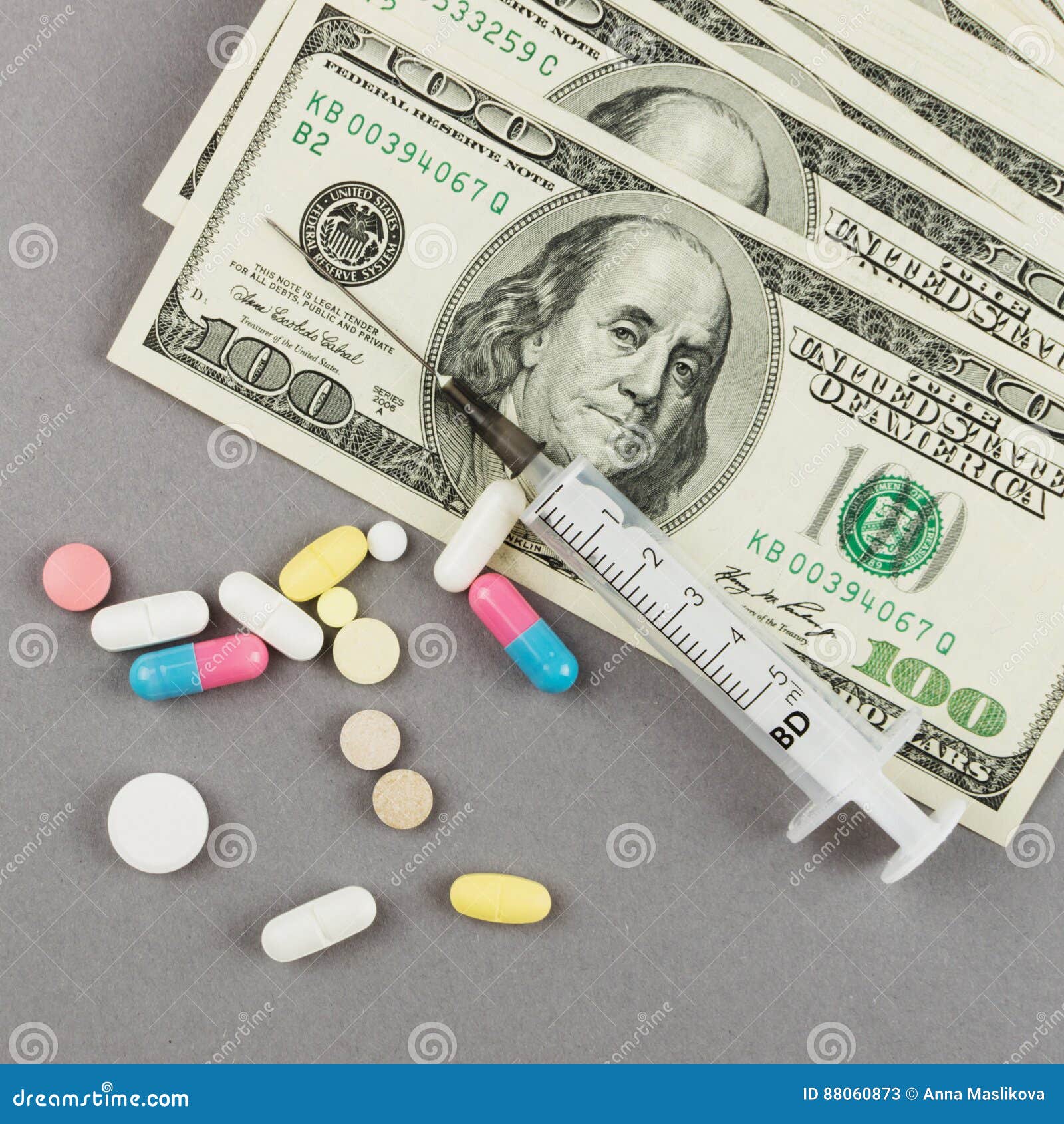 A Lot of Pills and Money on the Grey Background Stock Image - Image of ...