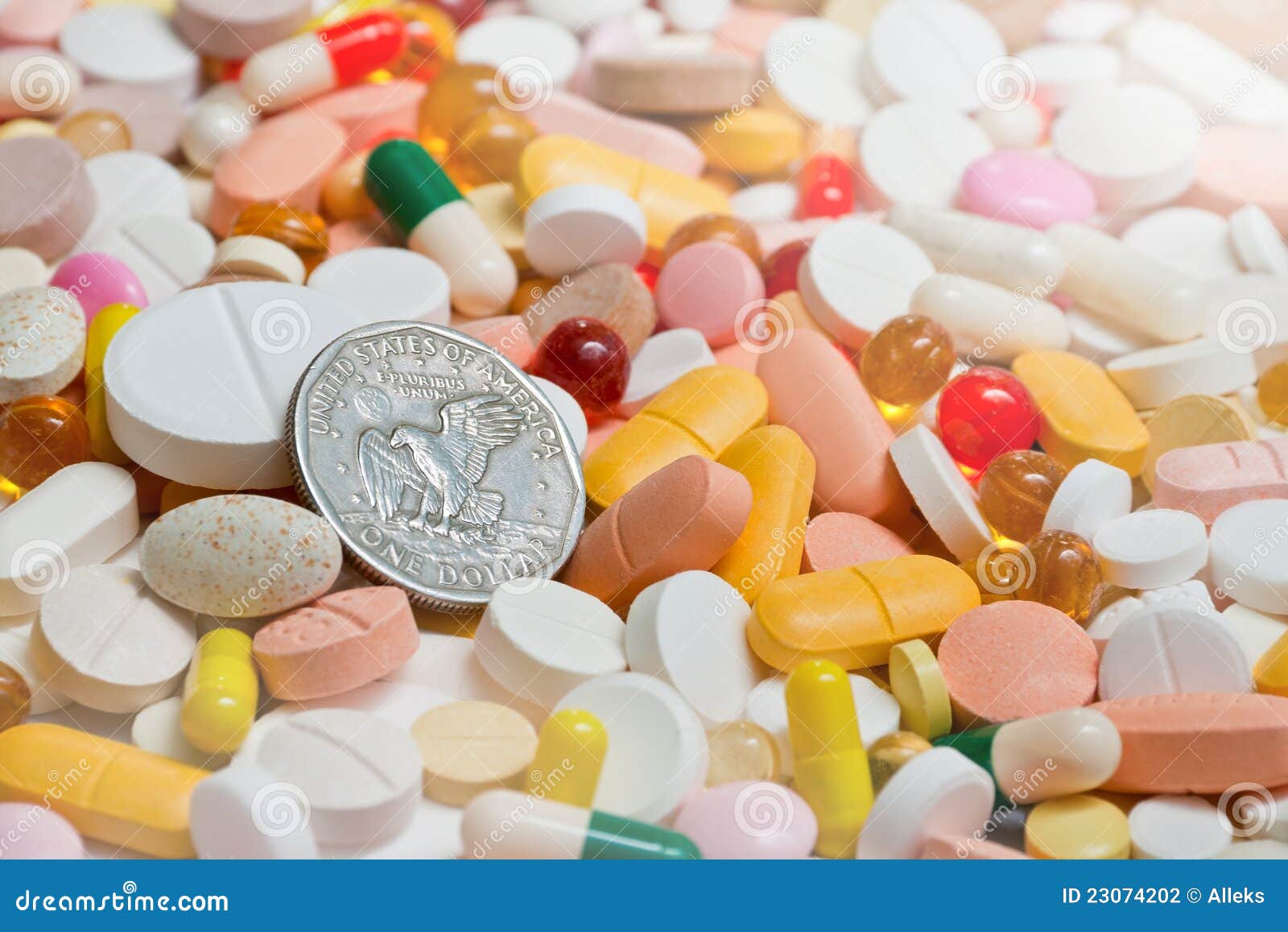Lot of Pills and Usa One Dollar Coin Stock Photo - Image of currency ...
