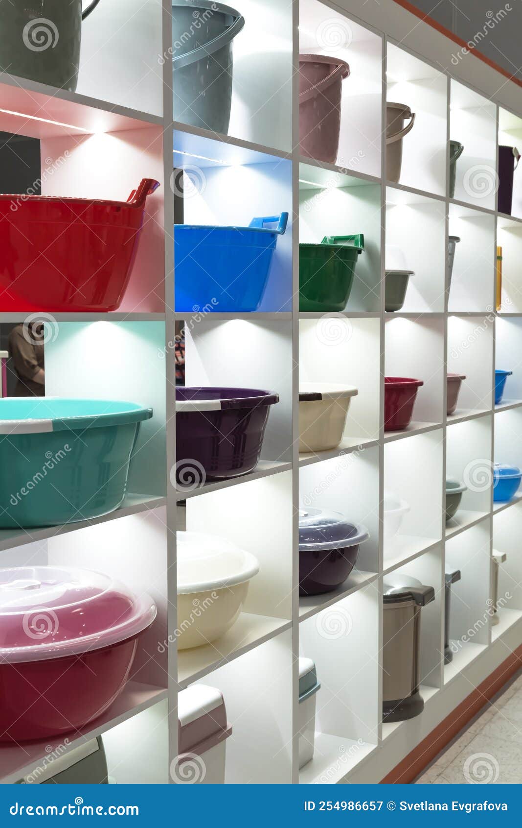 A Lot of Plastic Basins of Different Colors on Open Shelves for Sale ...