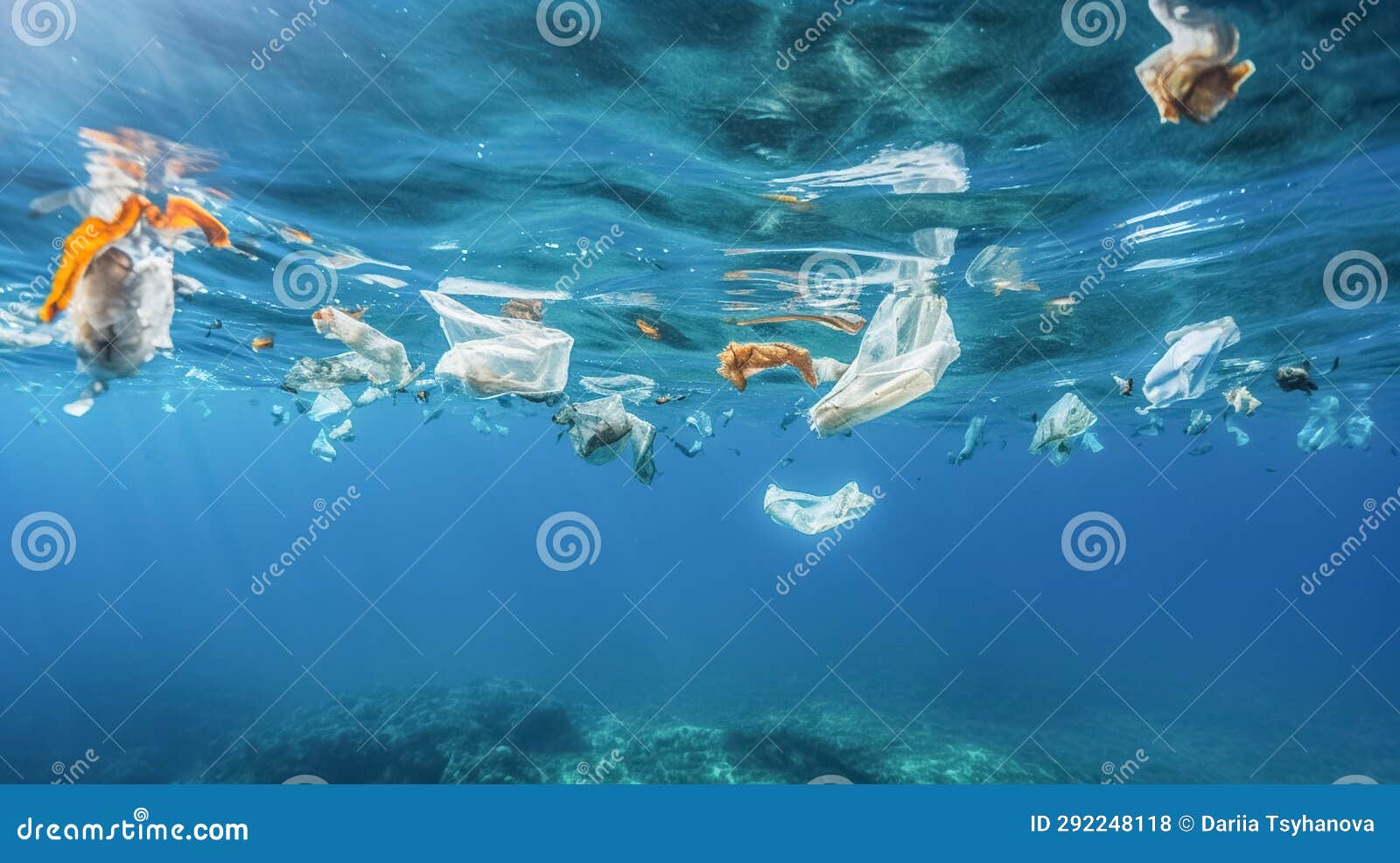 A Lot of Plastic Garbage Floats in the Sea at the Depth of the Ocean ...