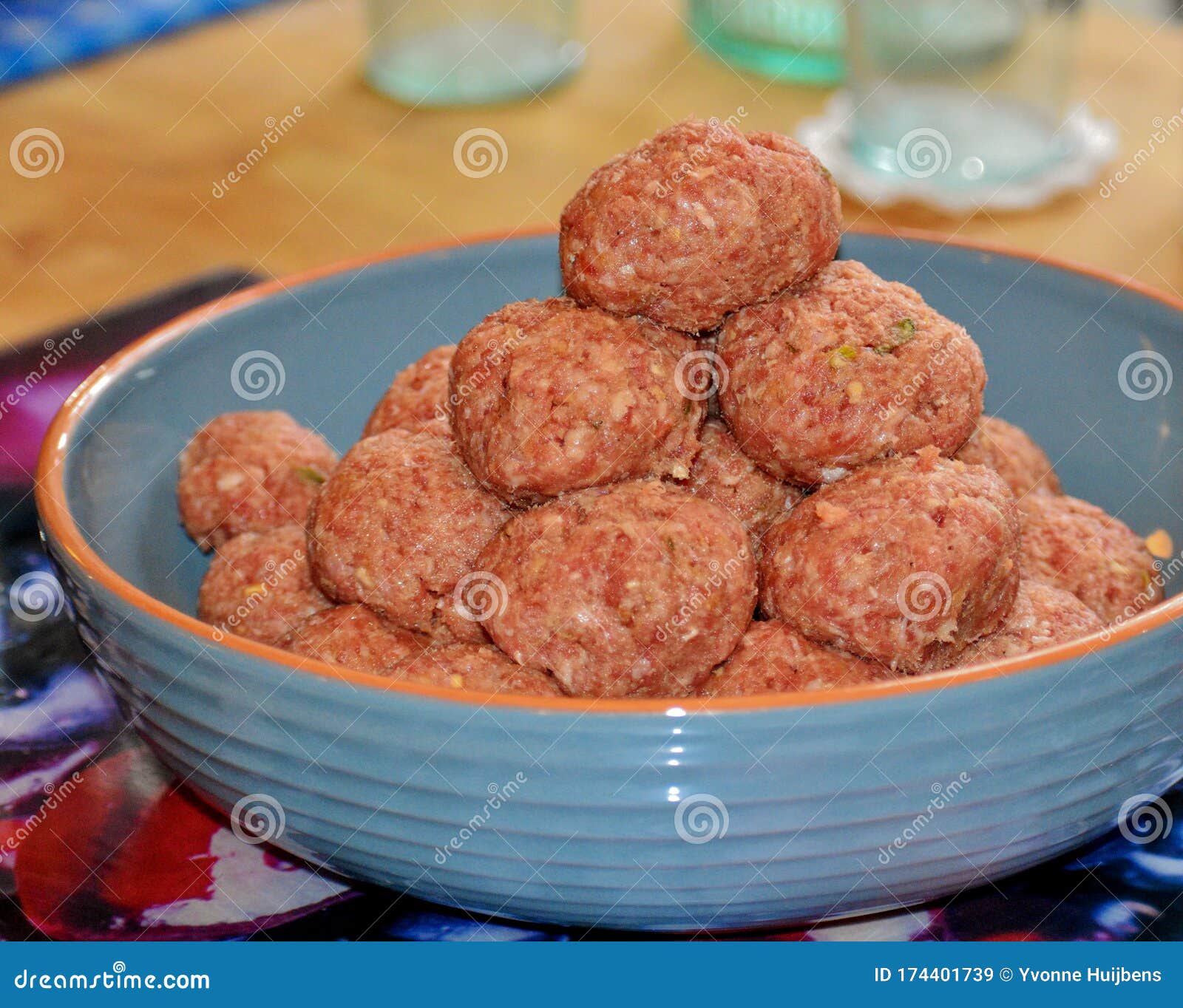 A Lot of Raw Meatballs in a Blue Ceramic Bowl Stock Image - Image of ...