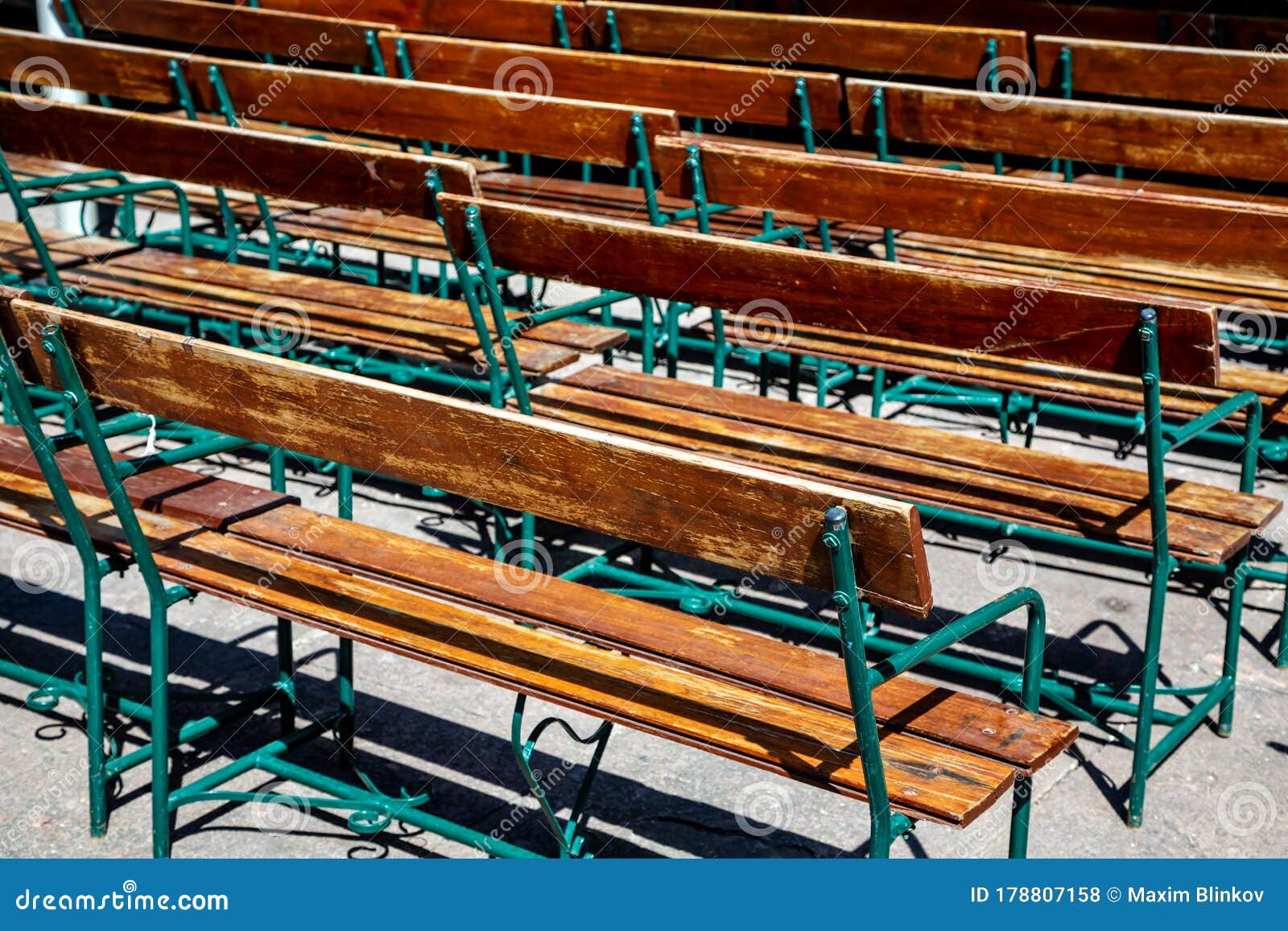 Rows Of Empty Wooden Benches In School Sporting Hall. Tribune In Gym ...