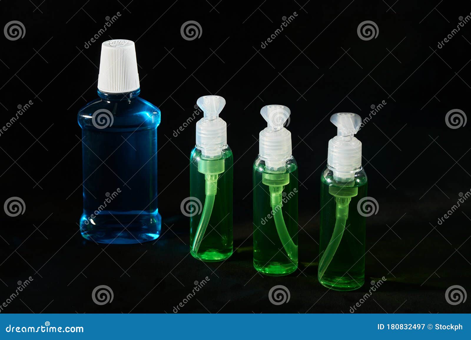 Lot of Sanitizer Hand Antiseptics. Dark Background Stock Image - Image ...