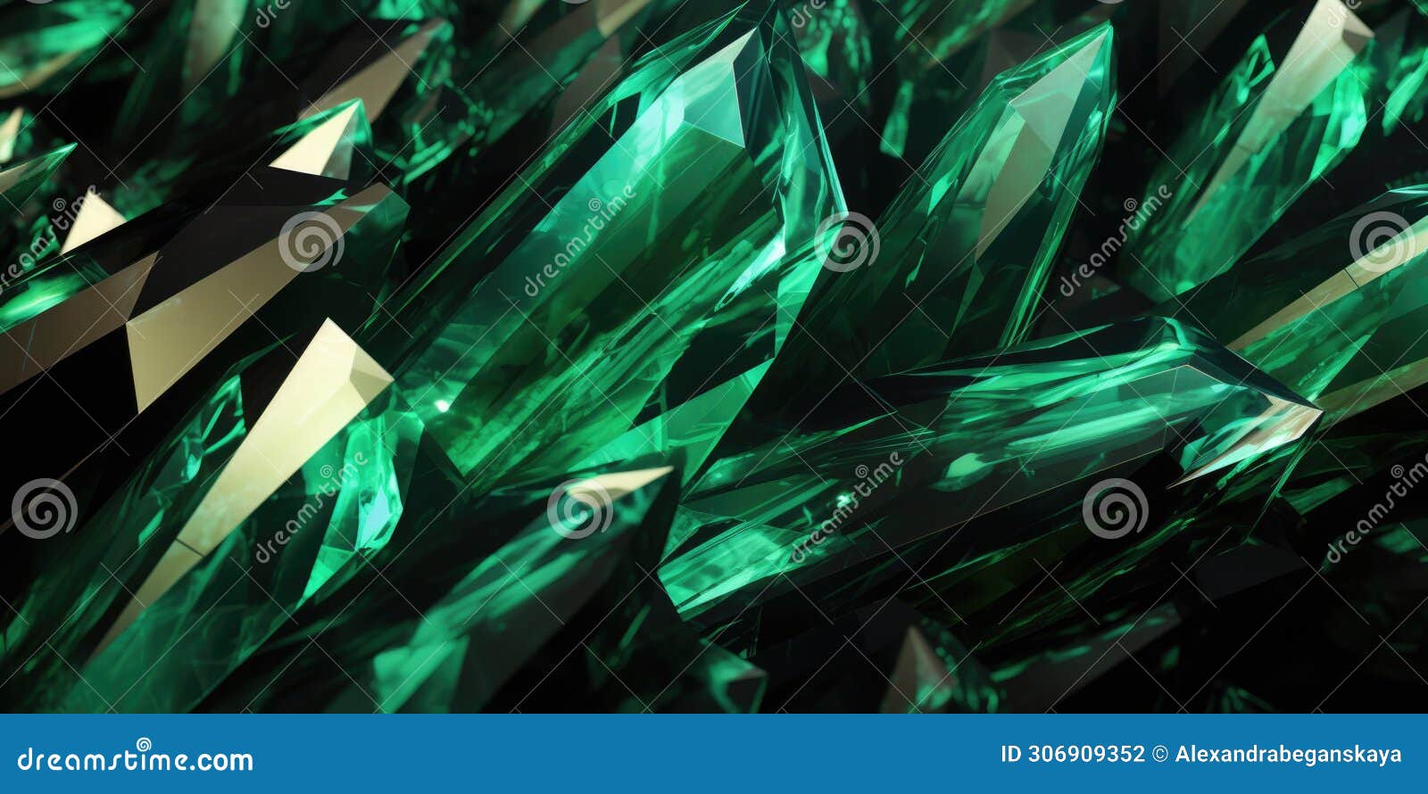 A Lot of Sharp Emerald Crystals with Reflections and Bright Highlights ...