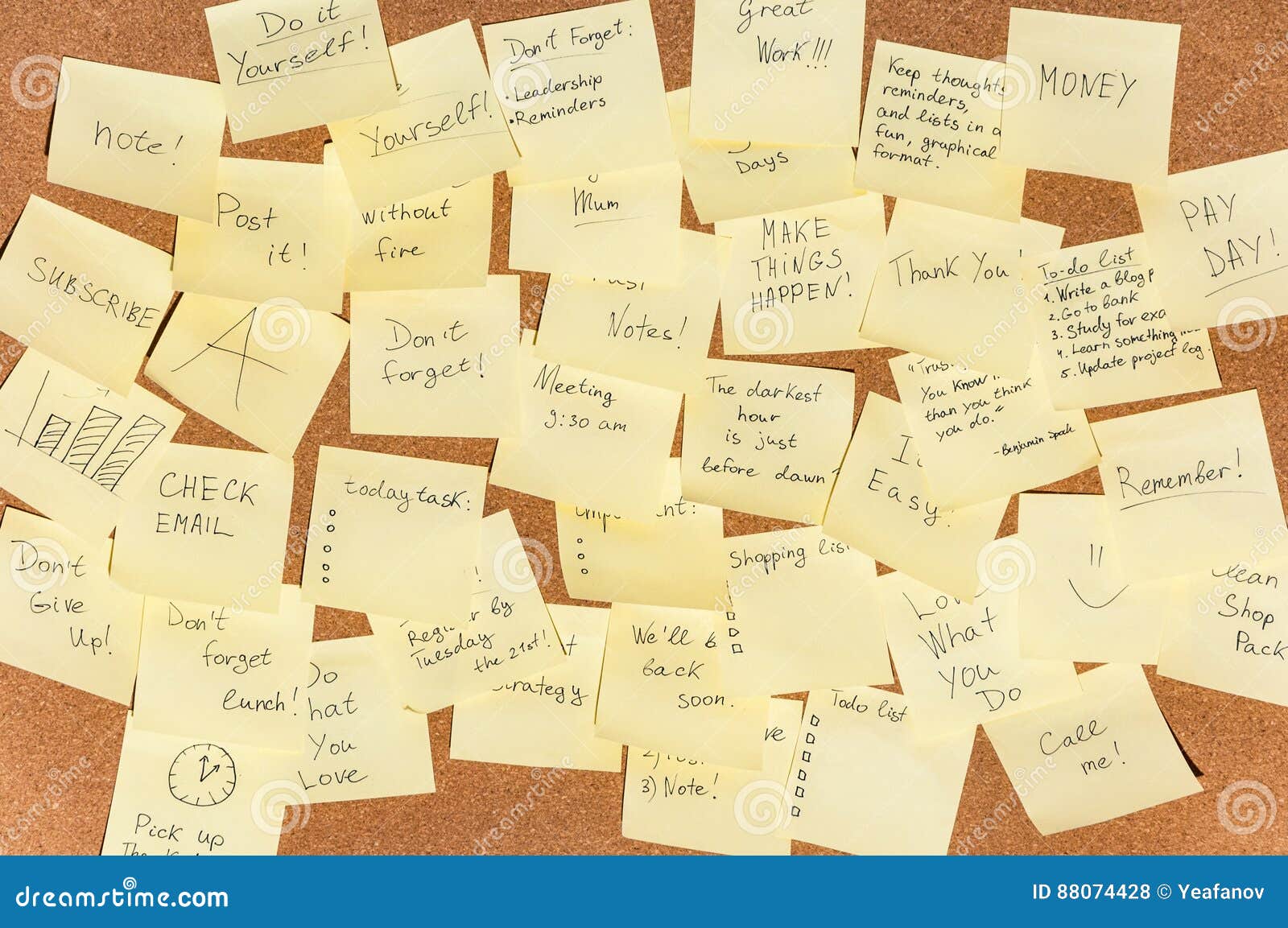 A Lot of Stickers for Notes with Text on a Cork Board Stock Photo ...