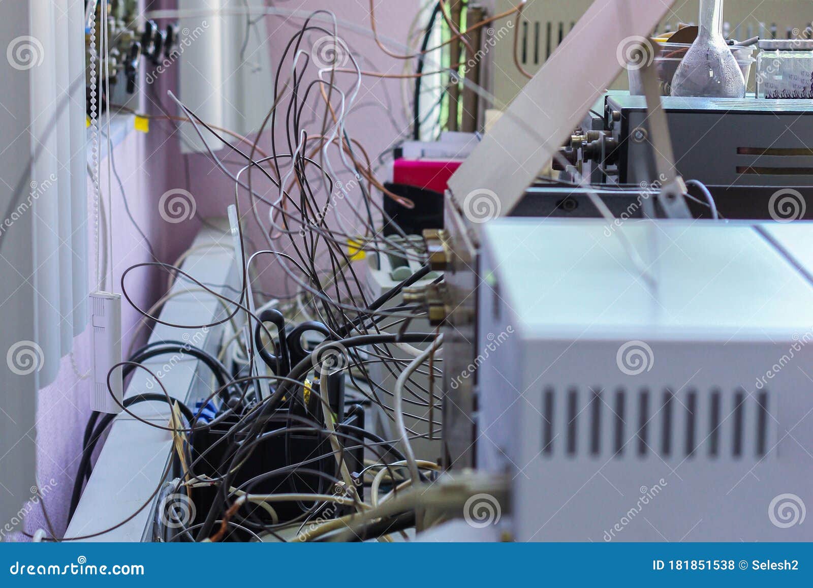 A Lot of Tangled Wires at the Device in the Laboratory Stock Photo ...