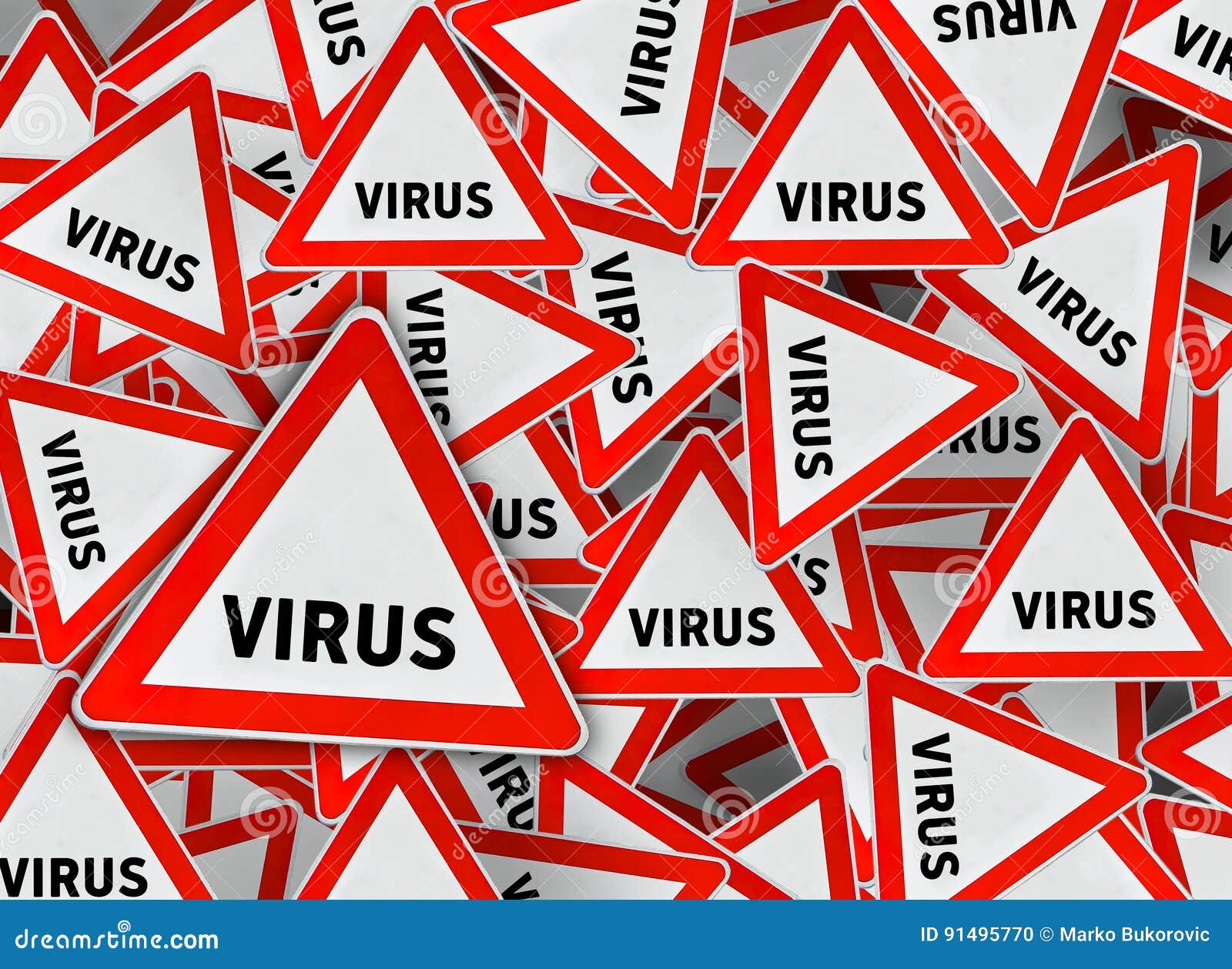 A Lot of Virus on Red Triangle Road Sign Stock Illustration ...