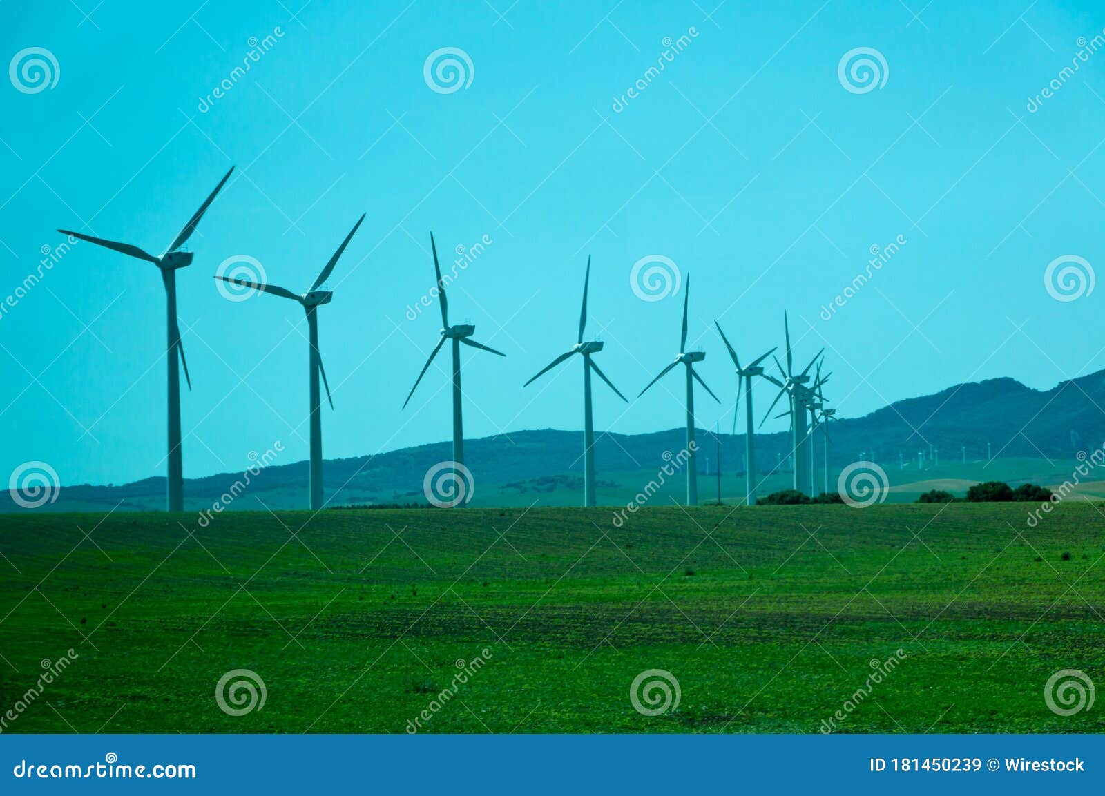 Lot of Windmills in a Green Land Surrounded by High Mountains Stock ...