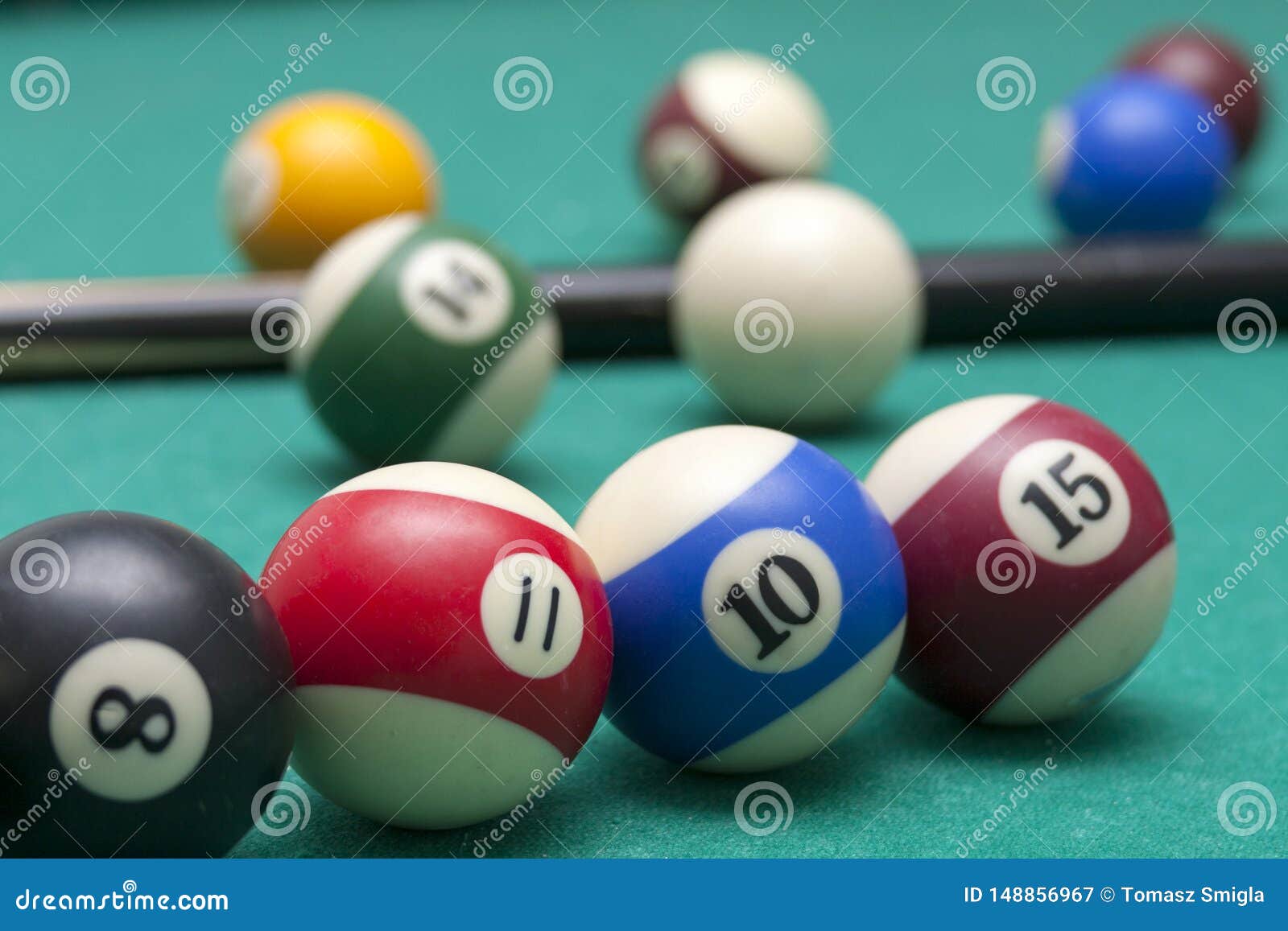 Lots of Billiard Balls and a Cue Closeup, Macro Shot of a Professional ...