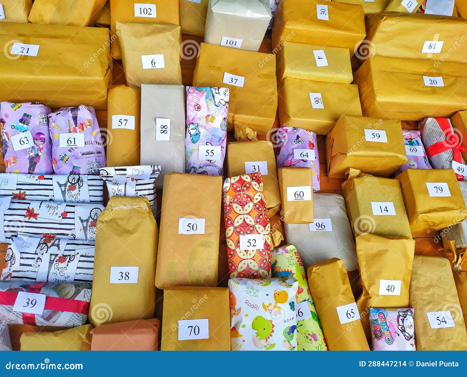 A Lots of Boxes Wrapped with Various Papers. Numbers on the Box Stock ...