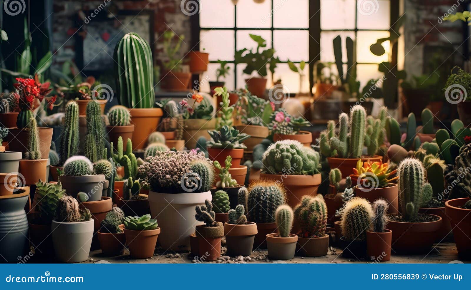 Lots of Cacti in Clay Pots on Wooden Table. Generative AI. Stock ...