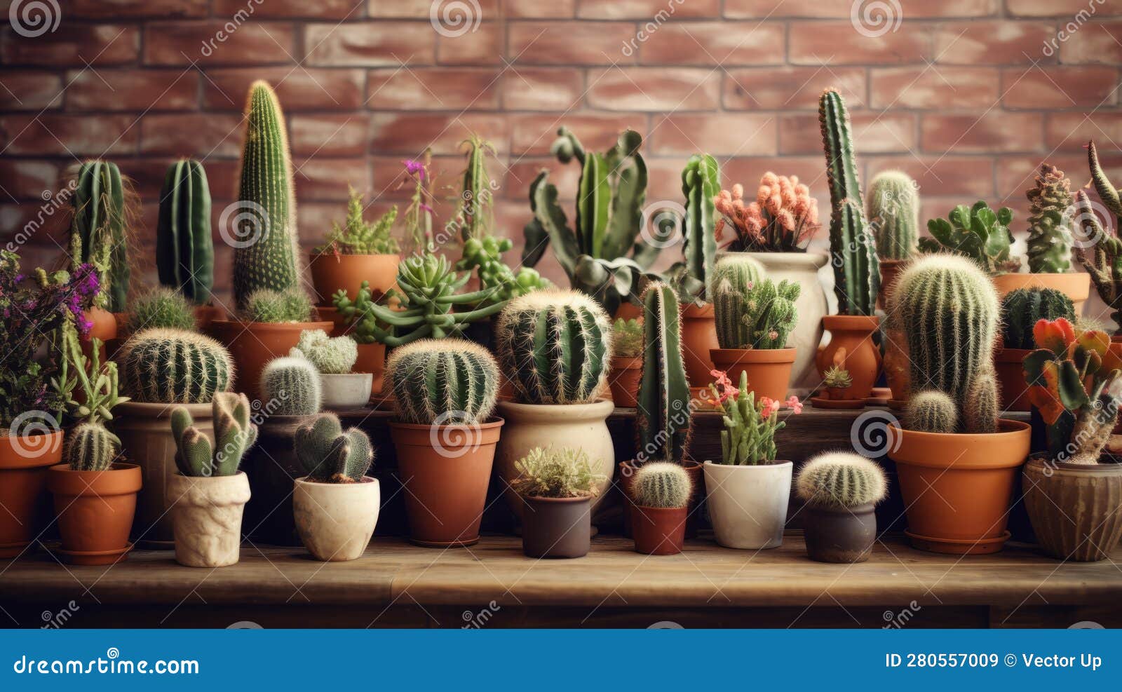 Lots of Cacti in Clay Pots on Wooden Table. Generative AI. Stock ...