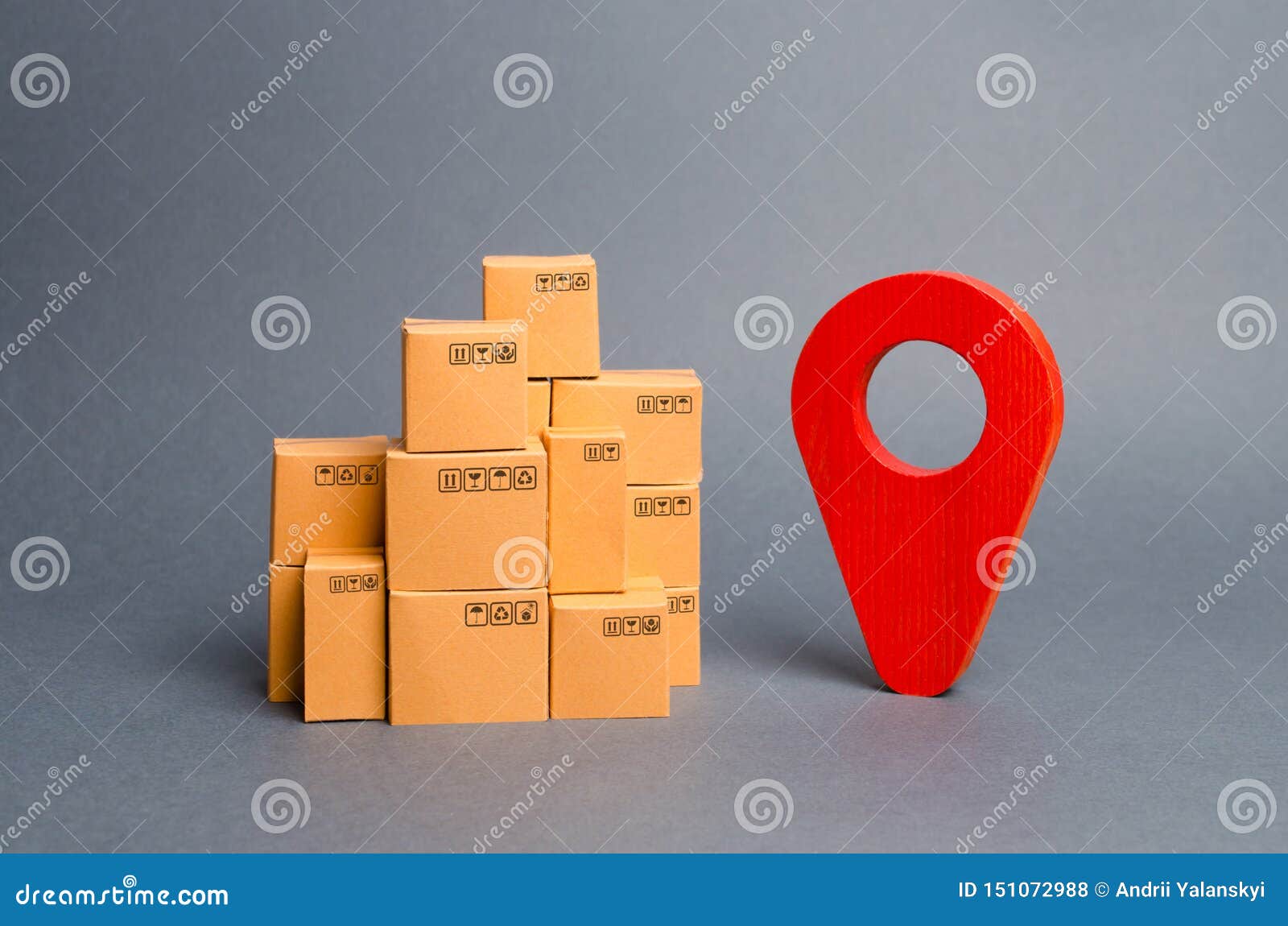 Lots of Cardboard Boxes and a Red Position Pin. Locating Packages and ...