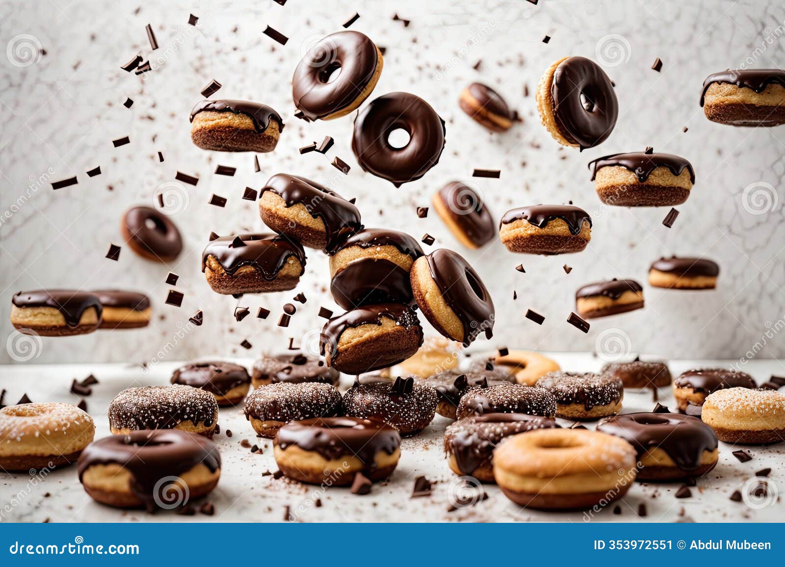 A Lots of Chocolate Donuts Falling on White Background AI-generated ...