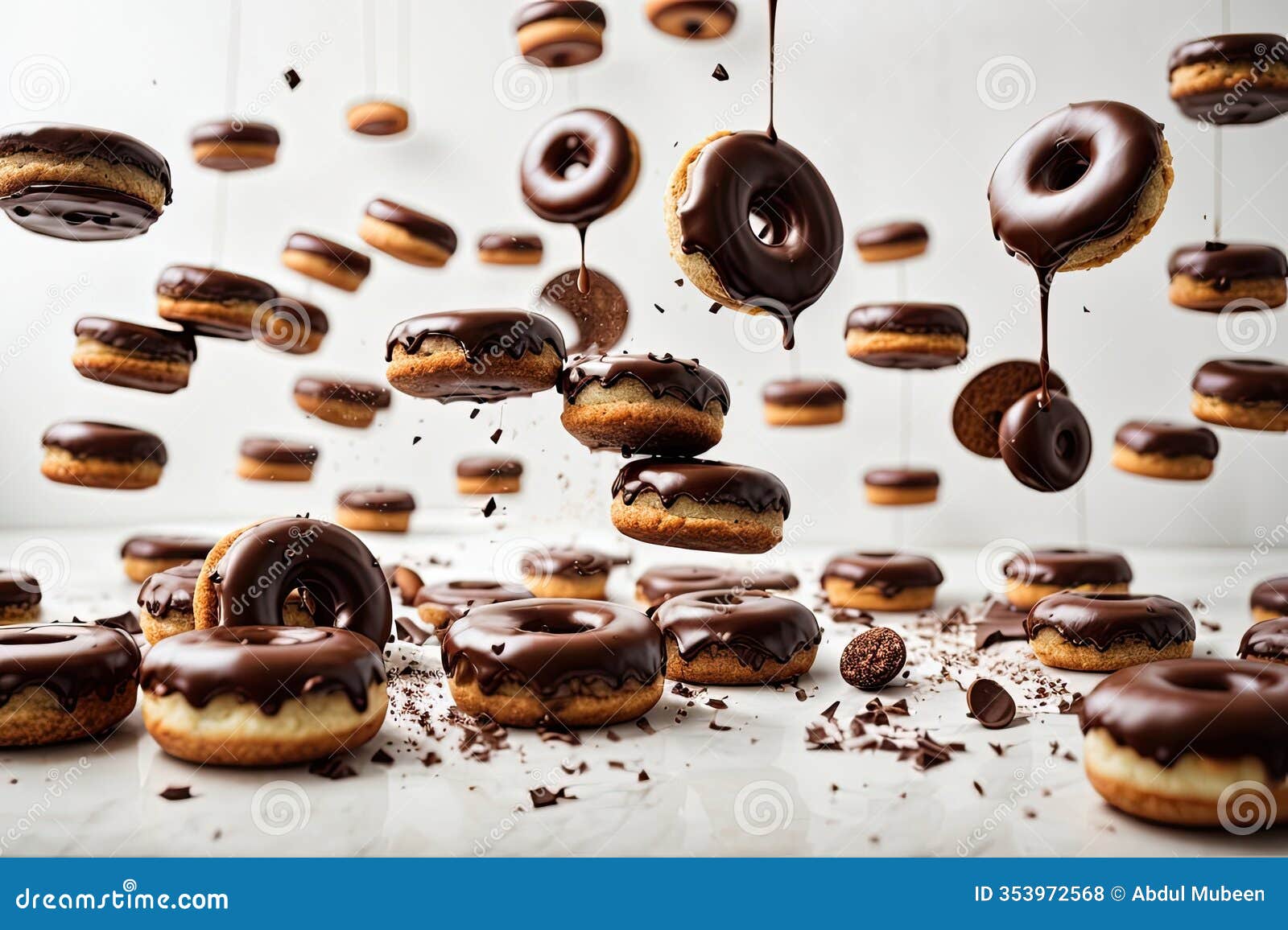A Lots of Chocolate Donuts Falling on White Background AI-generated ...