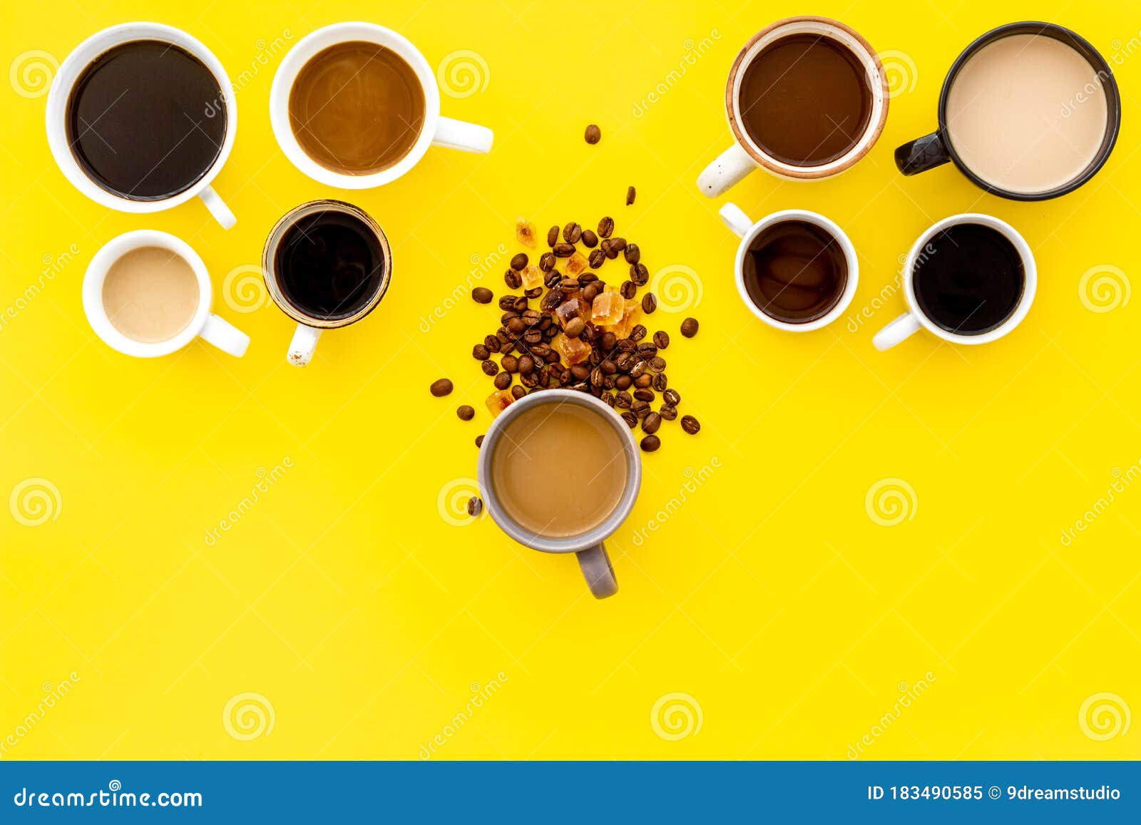Lots of Coffee on Yellow Background from Above Stock Image - Image of ...