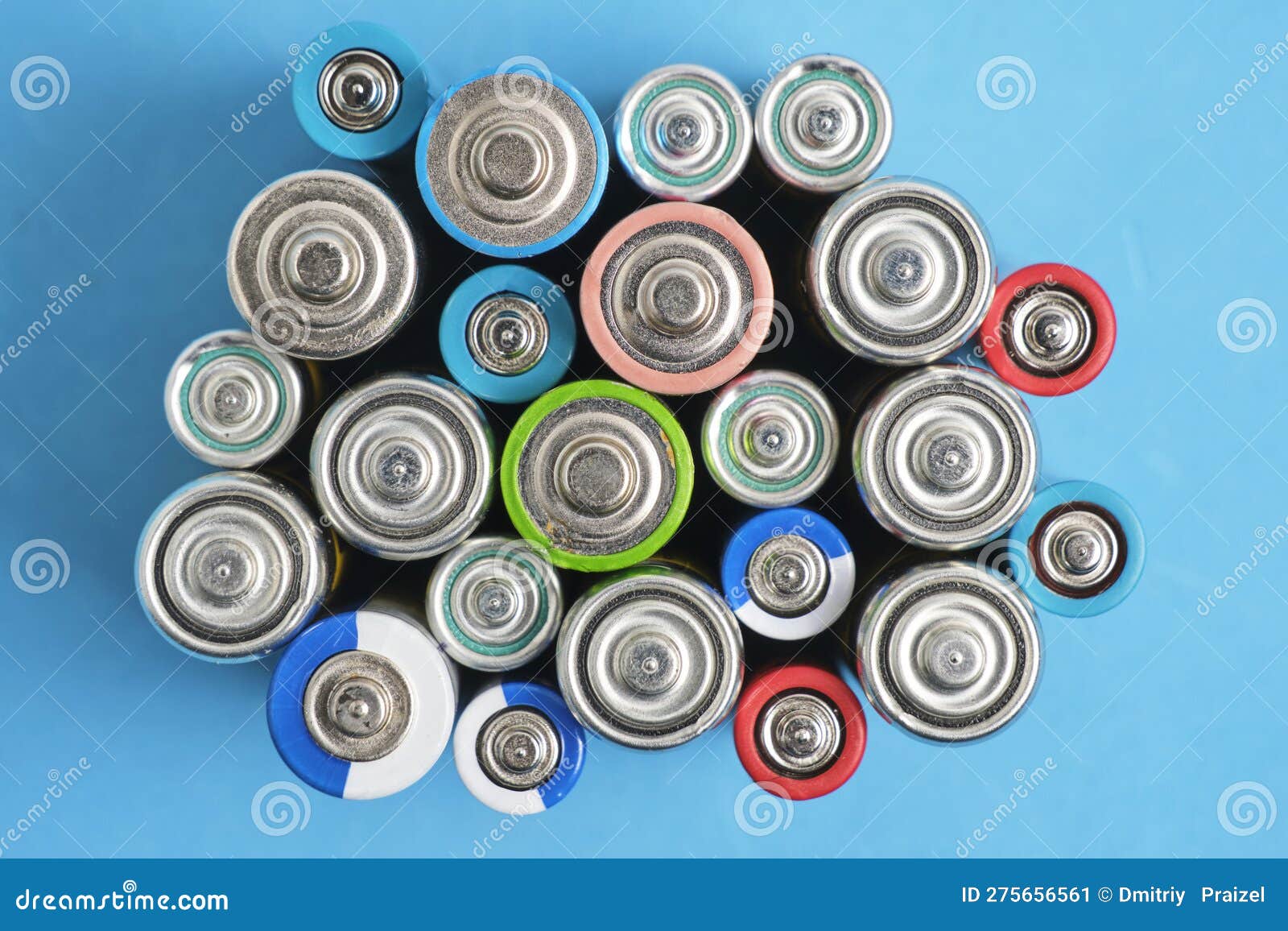 Lots Different Batteries Blue Background. Stock Image - Image of ...