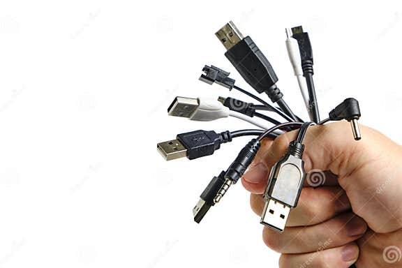 Lots Different Wires with Connectors in Hand on White Background. Stock ...