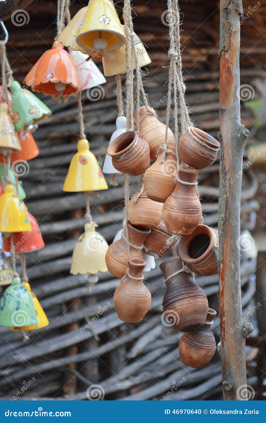 Lots of Hanging Clay Pots and Bells Stock Photo - Image of village ...