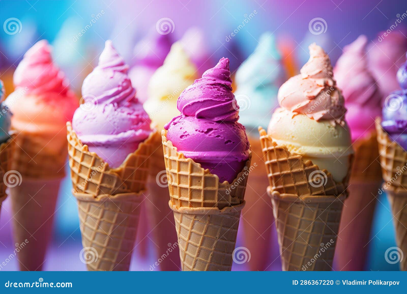 Lots of Ice Cream in Waffle Cones Stock Photo - Image of violet, real ...