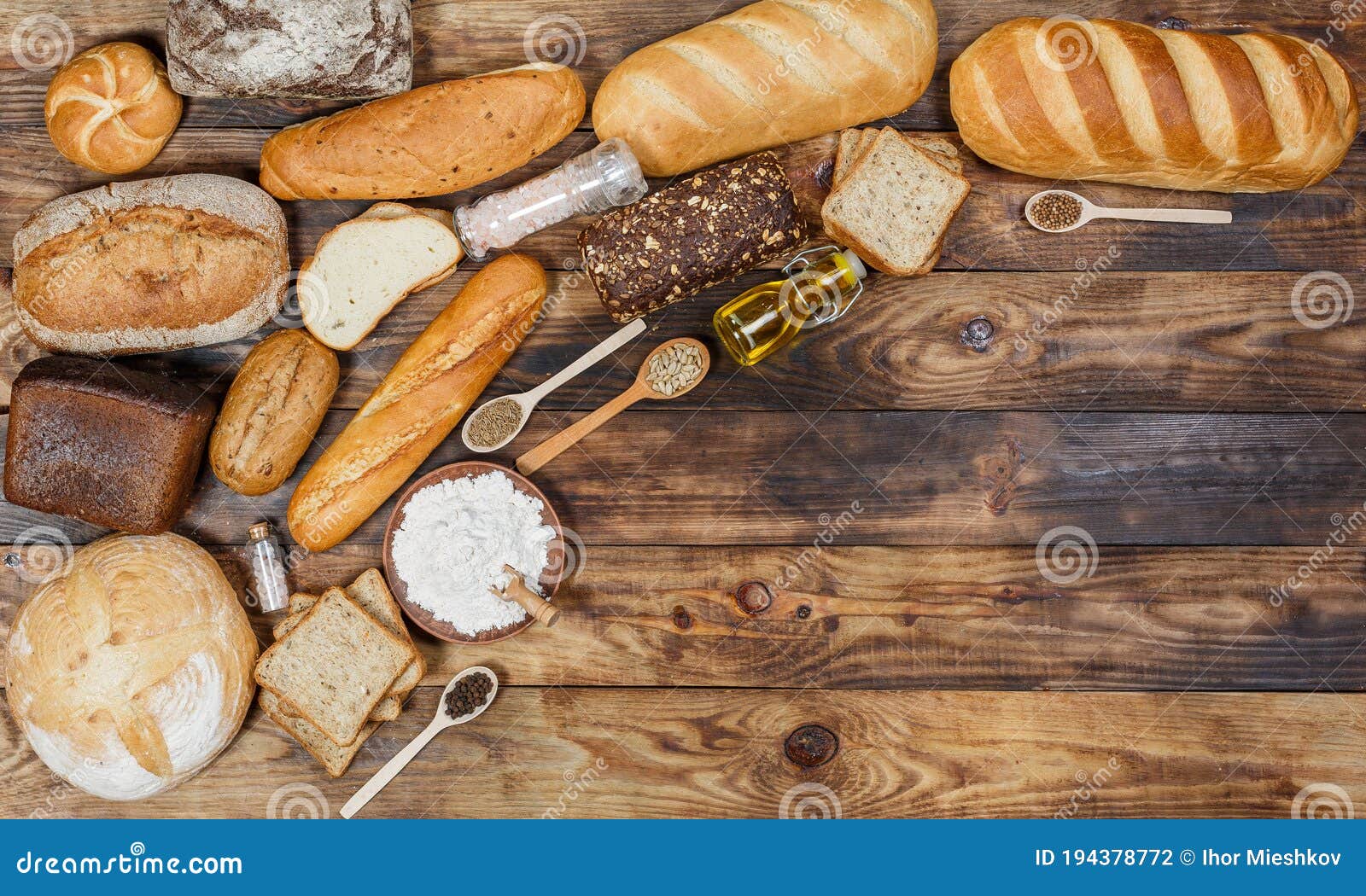 Lots of Loaves of Fresh Bread and Different Ingredients. Bread and ...