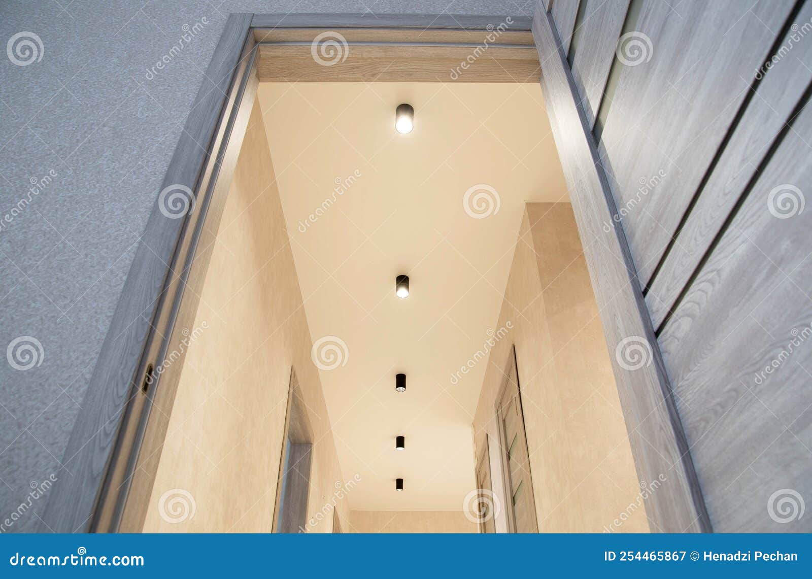 Lots of Modern LED Spotlights on the Stretch Ceiling in the Hallway ...