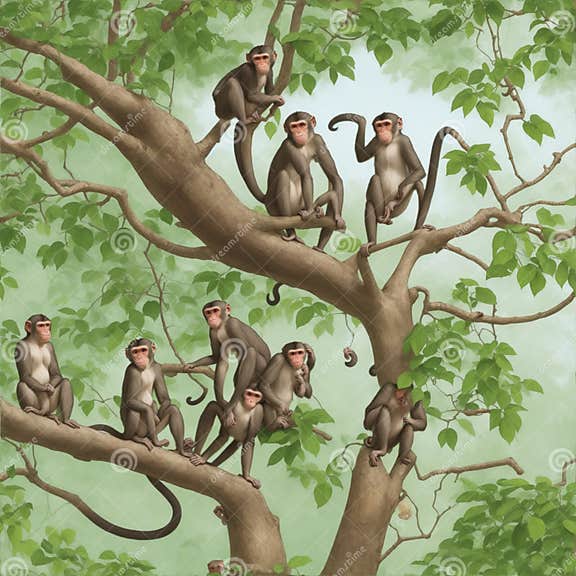 Lots of Monkeys on the Tree Stock Illustration - Illustration of ...