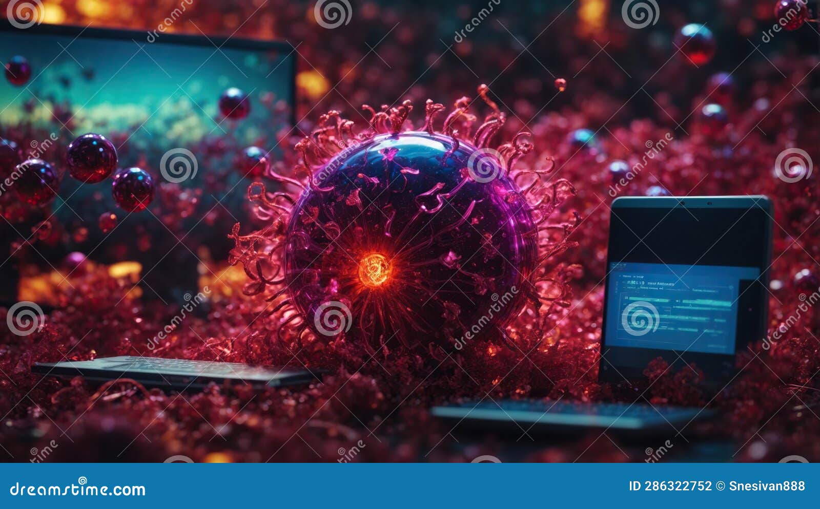 Lots of Symbolic Computer Viruses in Red Cellular Back. Ai Generated ...