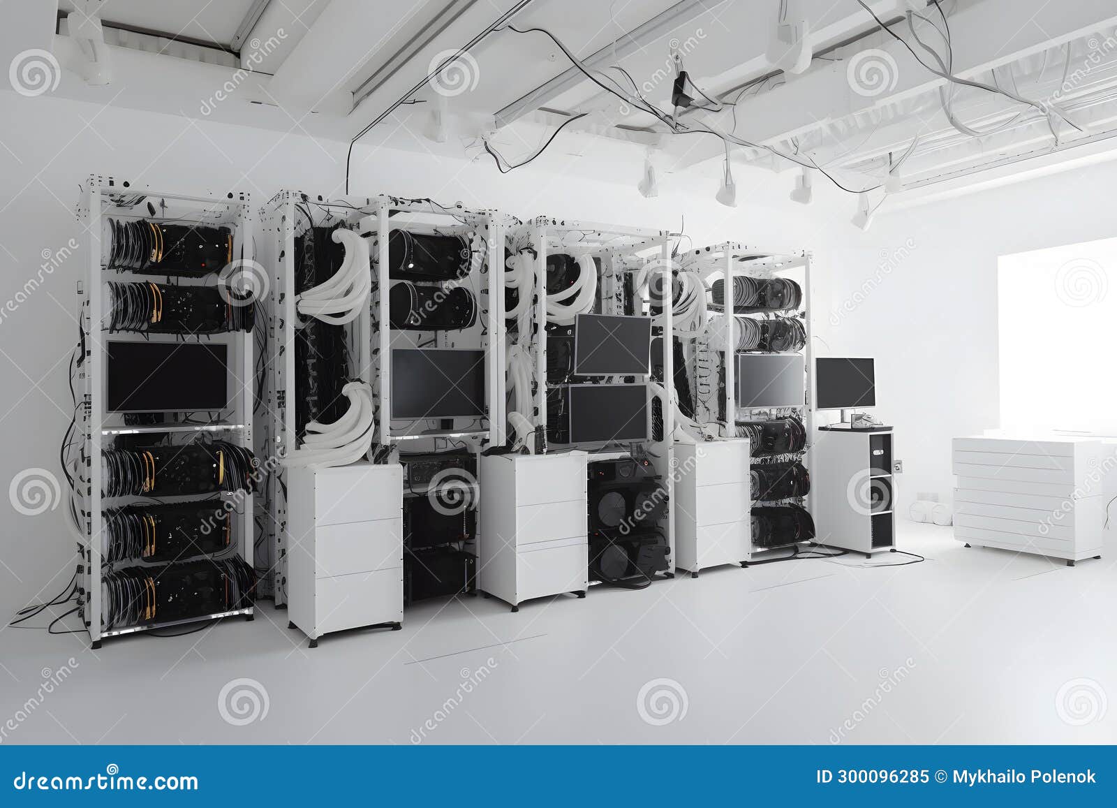 Lots of Tangled Wires in a White Computer Room. Neural Network AI ...