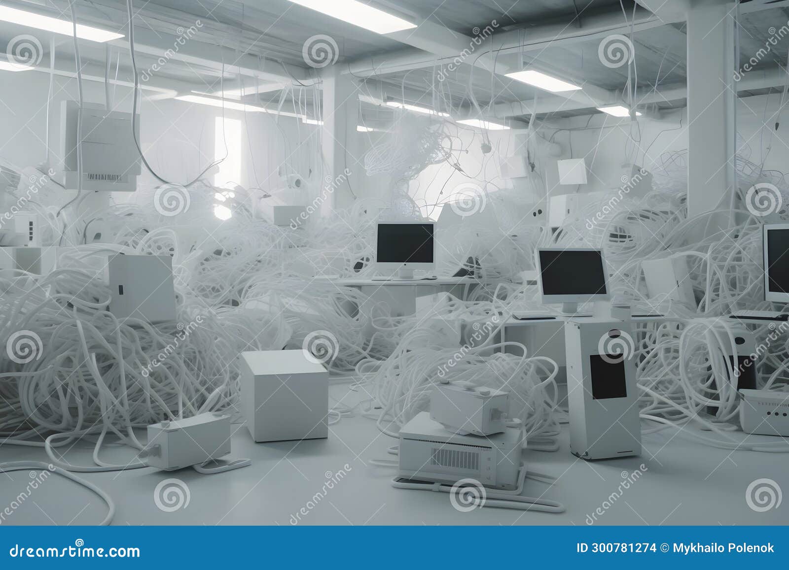 Lots of Tangled Wires in a White Computer Room. Neural Network AI ...
