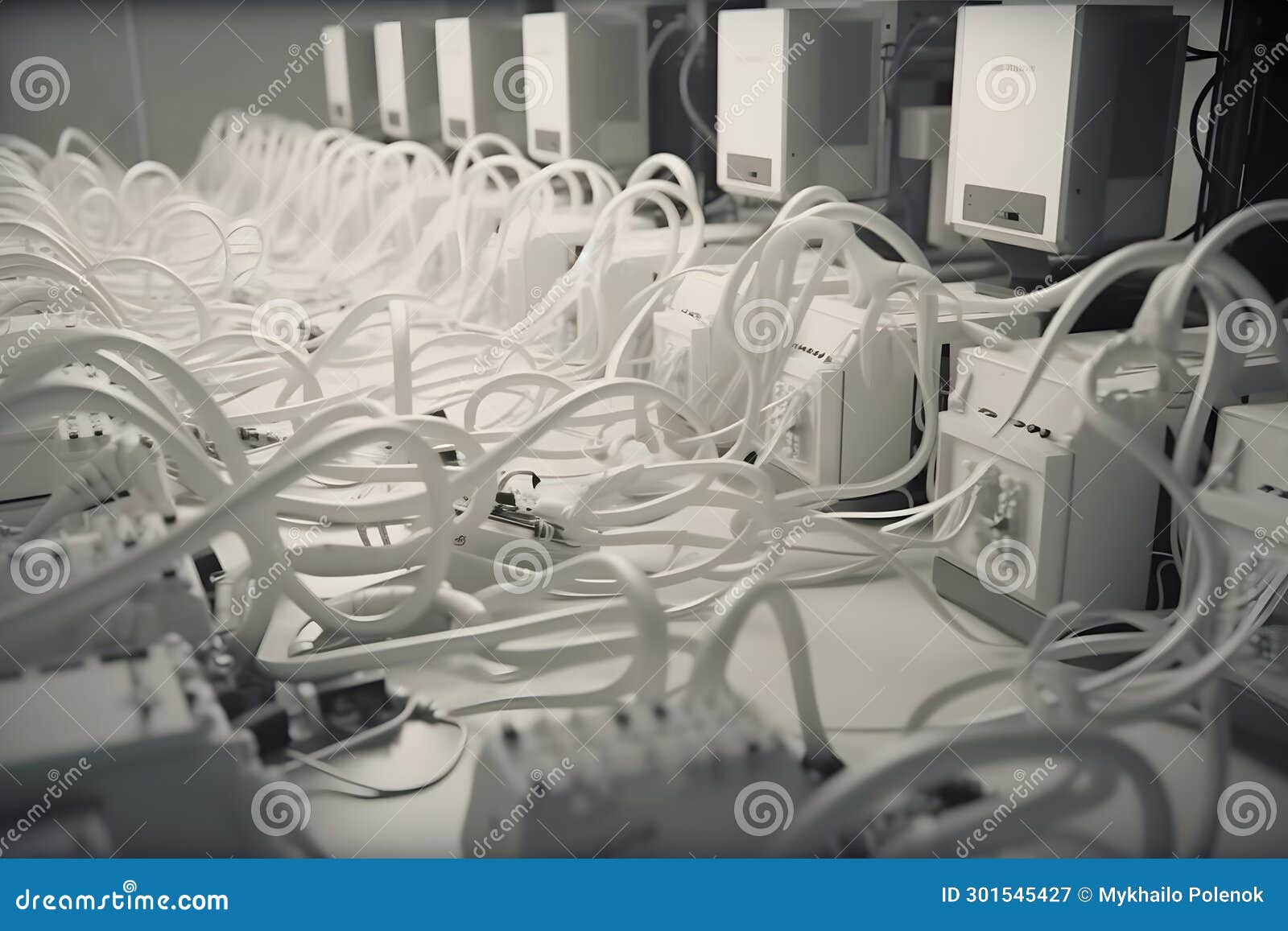 Lots of Tangled Wires in a White Computer Room. Neural Network AI ...