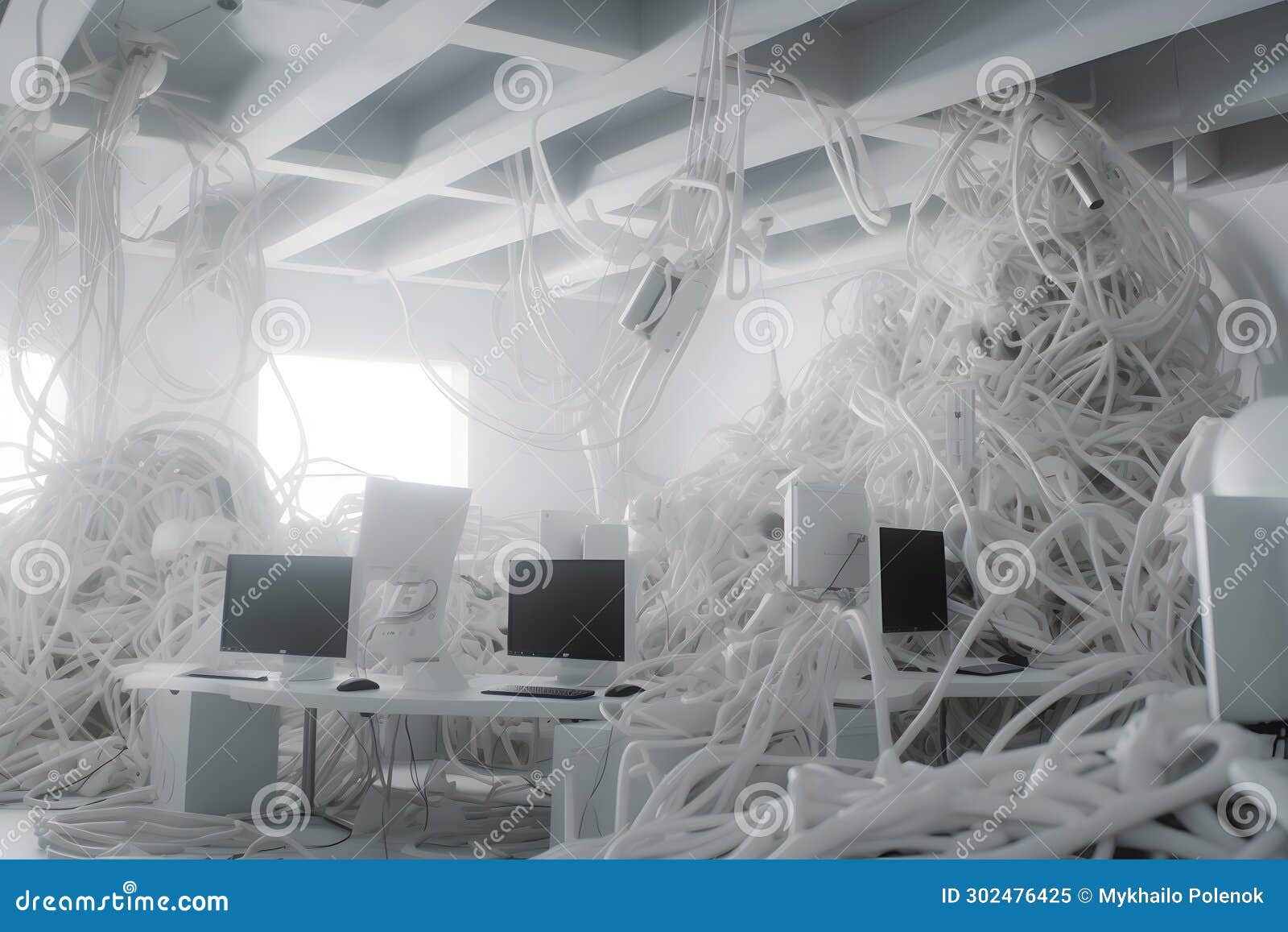 Lots of Tangled Wires in a White Computer Room. Neural Network AI ...