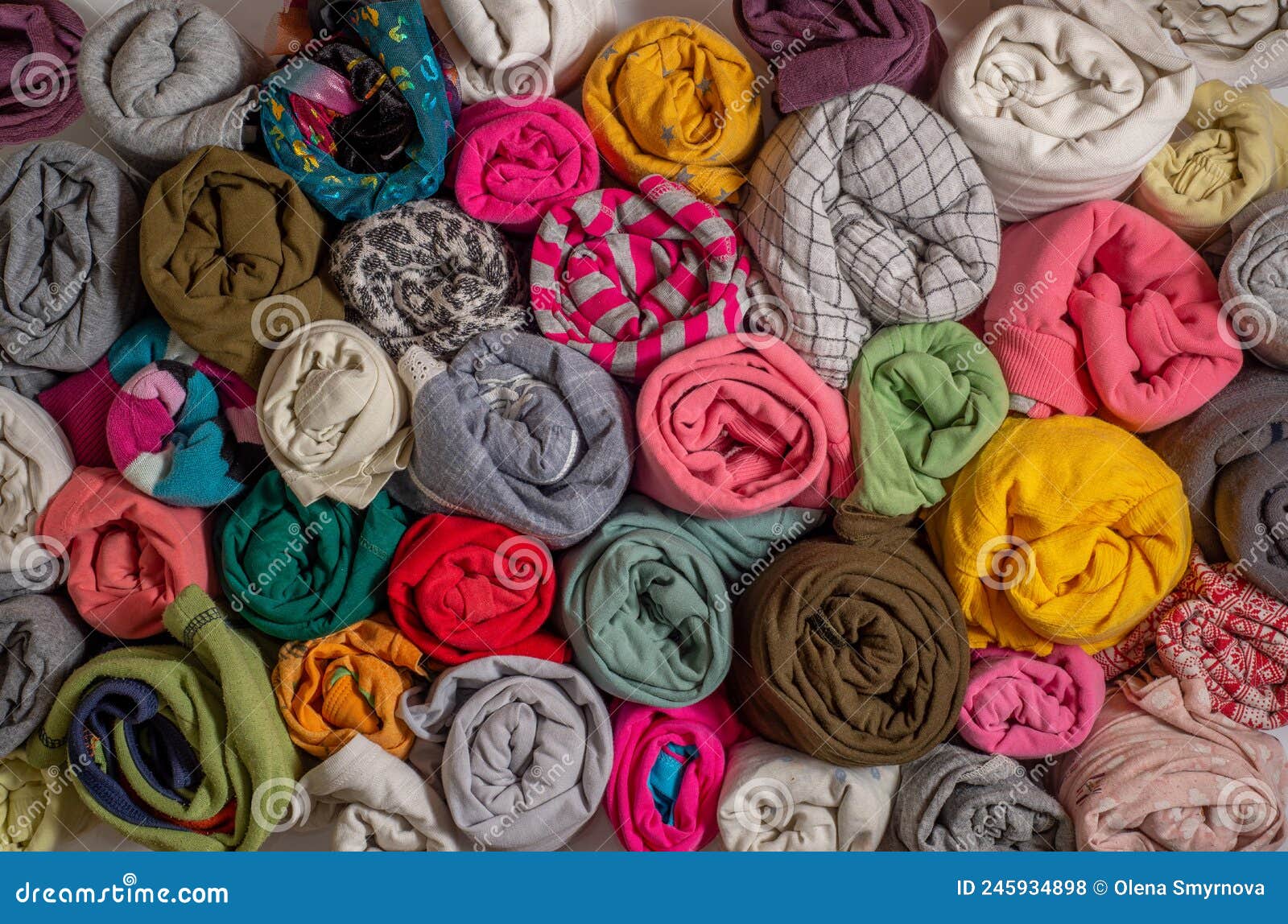 Open Chest Drawers with Vertical Storaged Twisting Clothes. Stock Photo ...