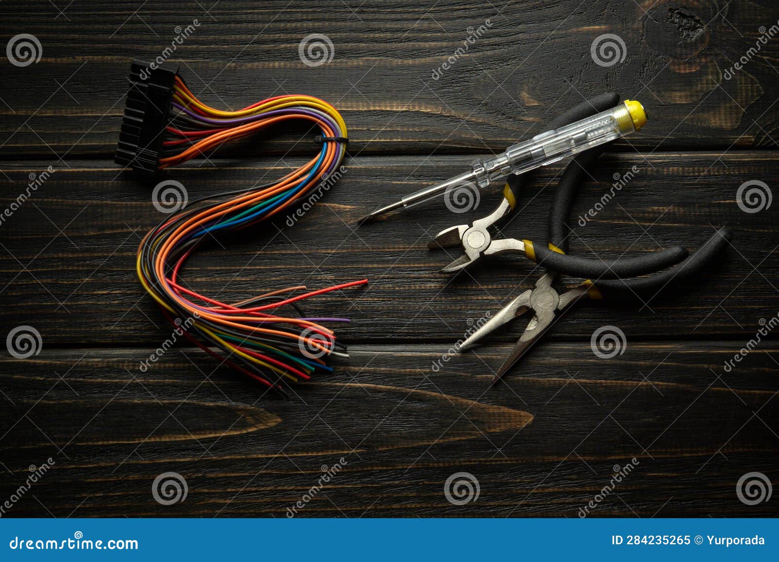 Lots of Wires and a Set of Tools for Repairing Electrical Equipment ...