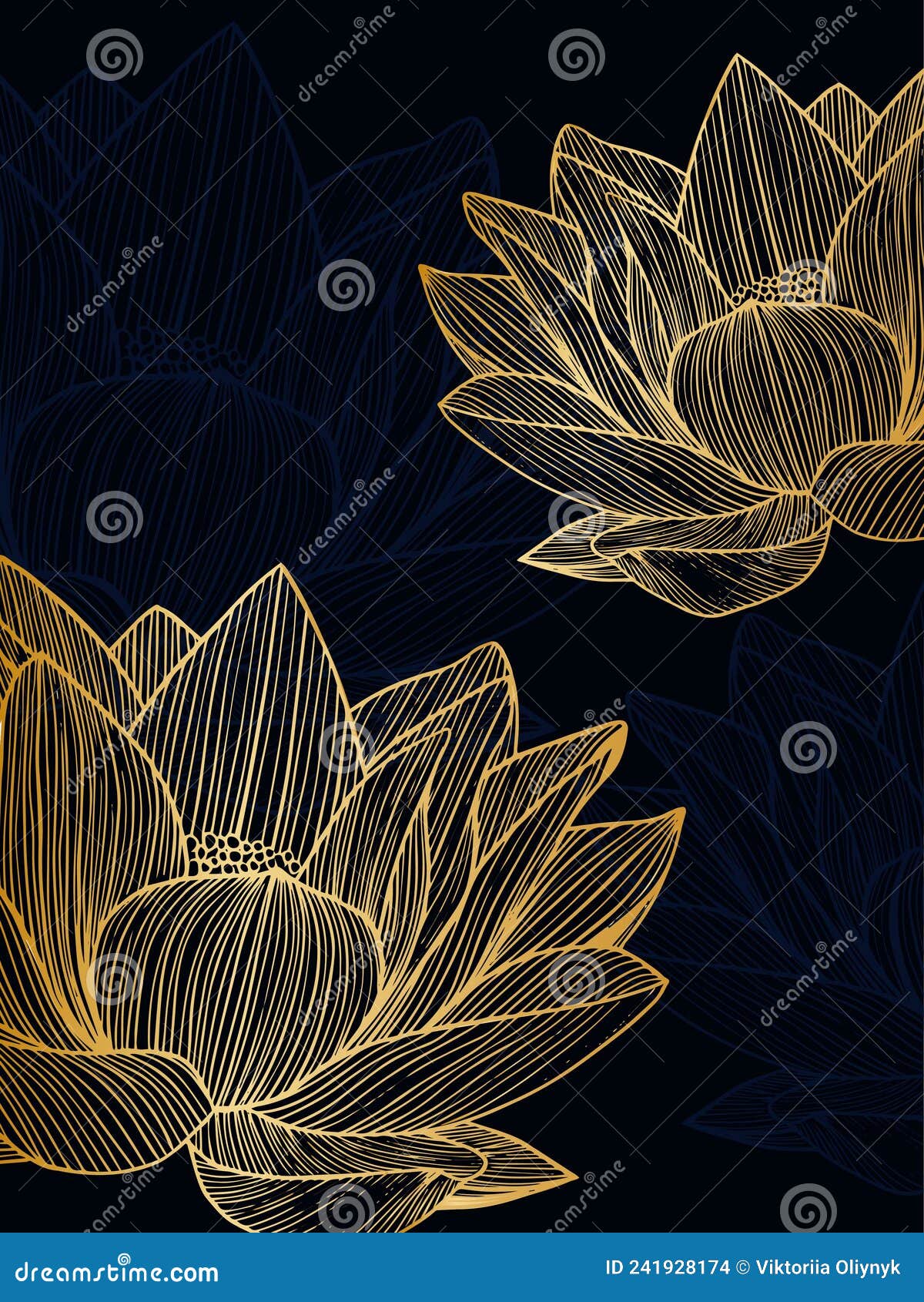 Golden Lotus Line Art on Dark Blue Background. Wallpaper Design with ...