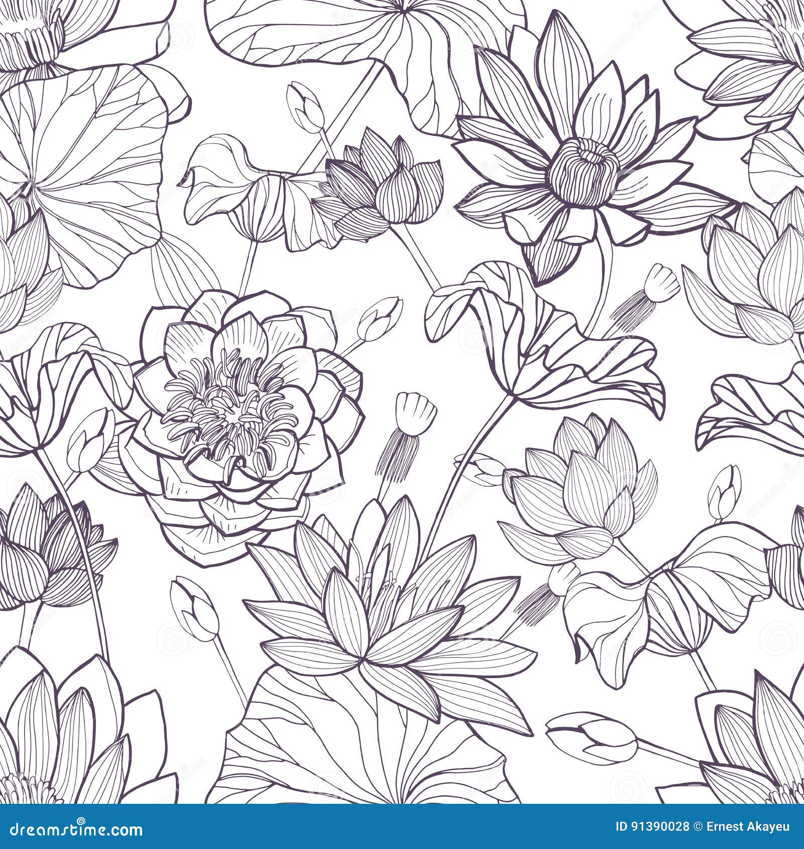 Lotus Floral Seamless Pattern. Hand Drawn Monochrome Background. Stock ...