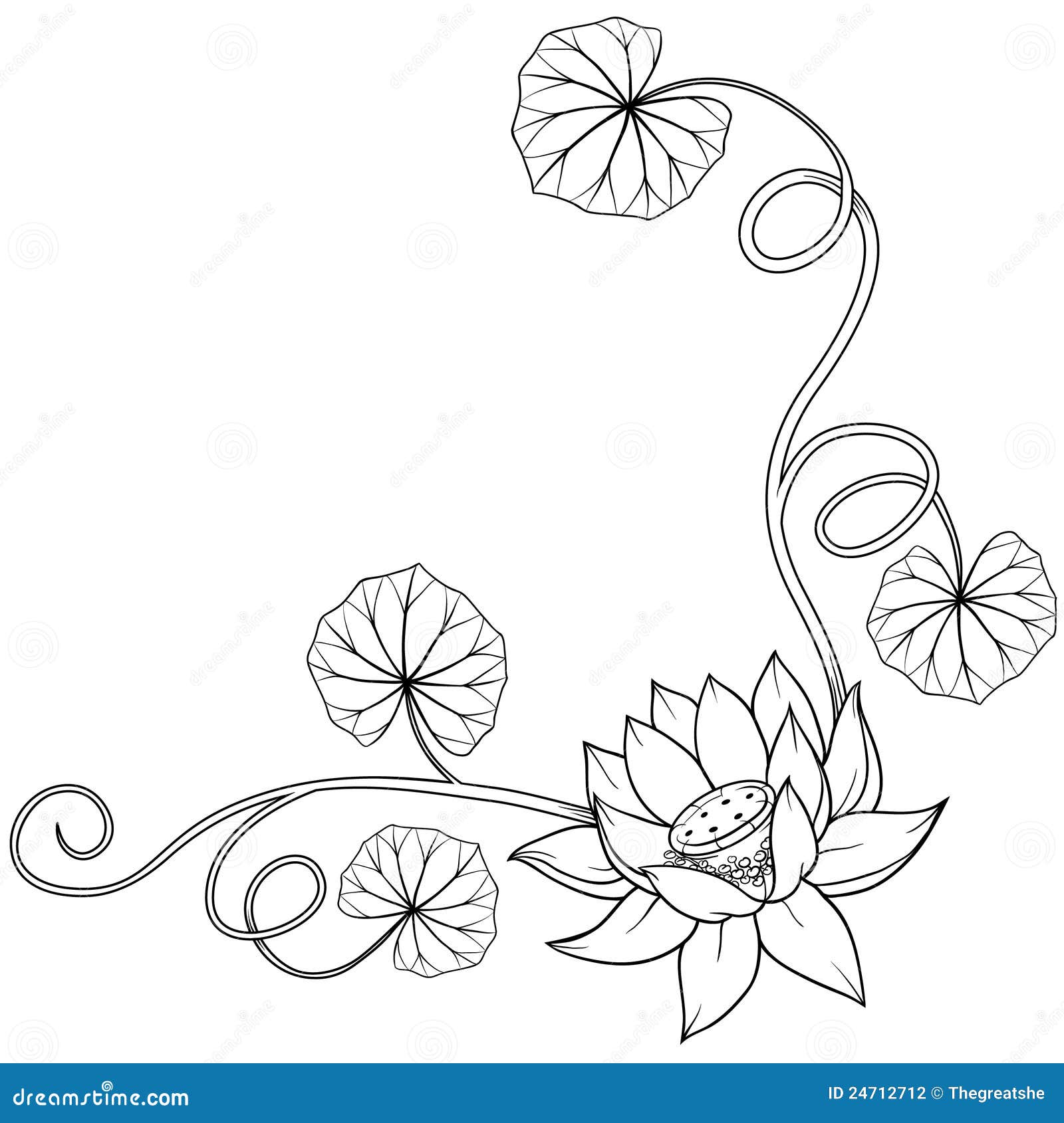 Lotus Flower Curly Frame Corner with Leaves Stock Vector - Illustration ...