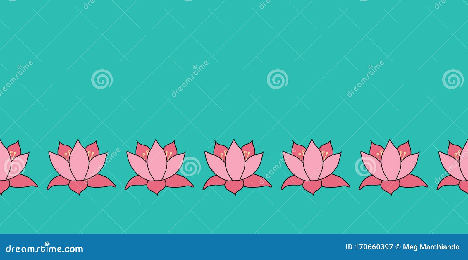 Lotus Flowers Border Lily Flower on Blue Background Seamless Vector ...