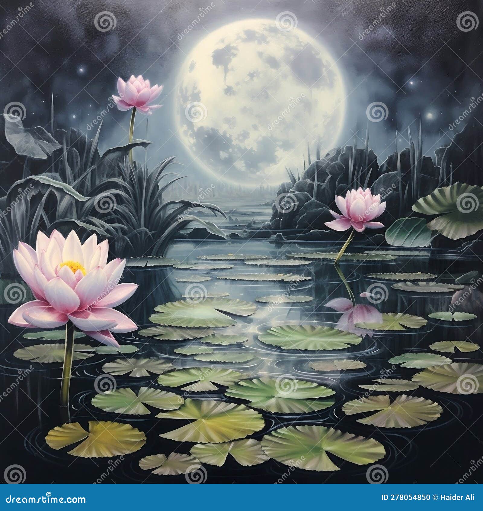 Lotus in Pond with Full Moon Background. Generative AI Stock ...
