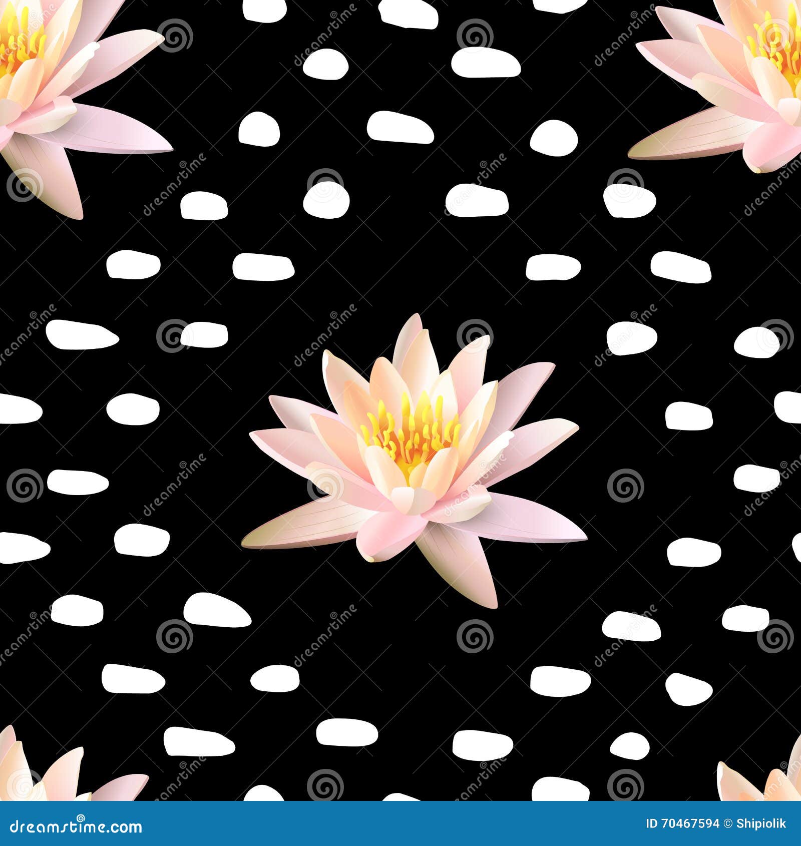 Lotus Seamless Pattern on Black Background with Dots. Stock Vector ...