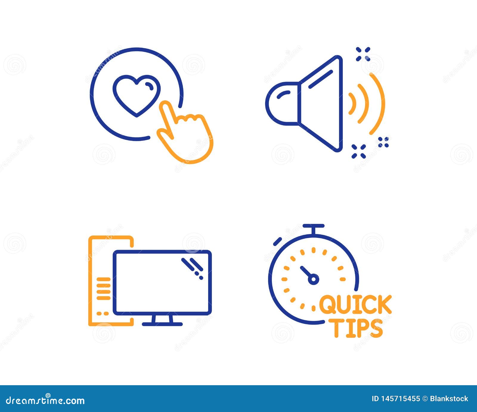 Loud Sound, Computer and Like Button Icons Set. Quick Tips Sign. Music ...