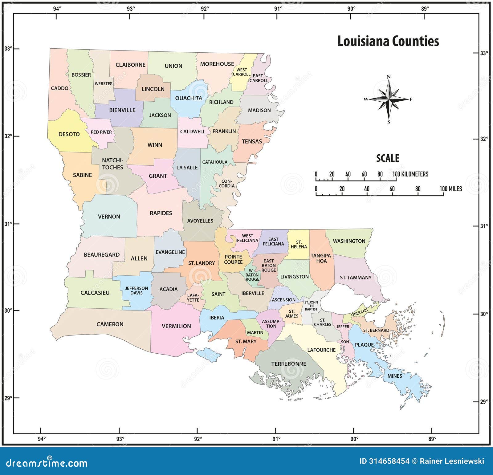 Louisiana State Outline Map in Color Stock Vector - Illustration of ...