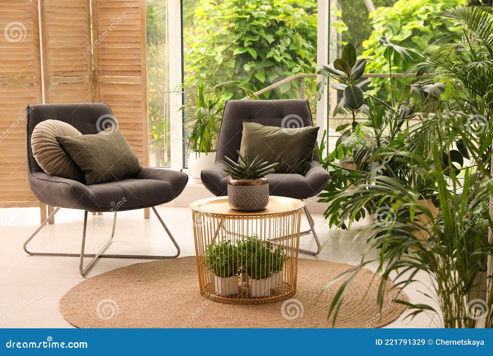 Lounge Area Interior with Armchairs and Houseplants Stock Image - Image ...